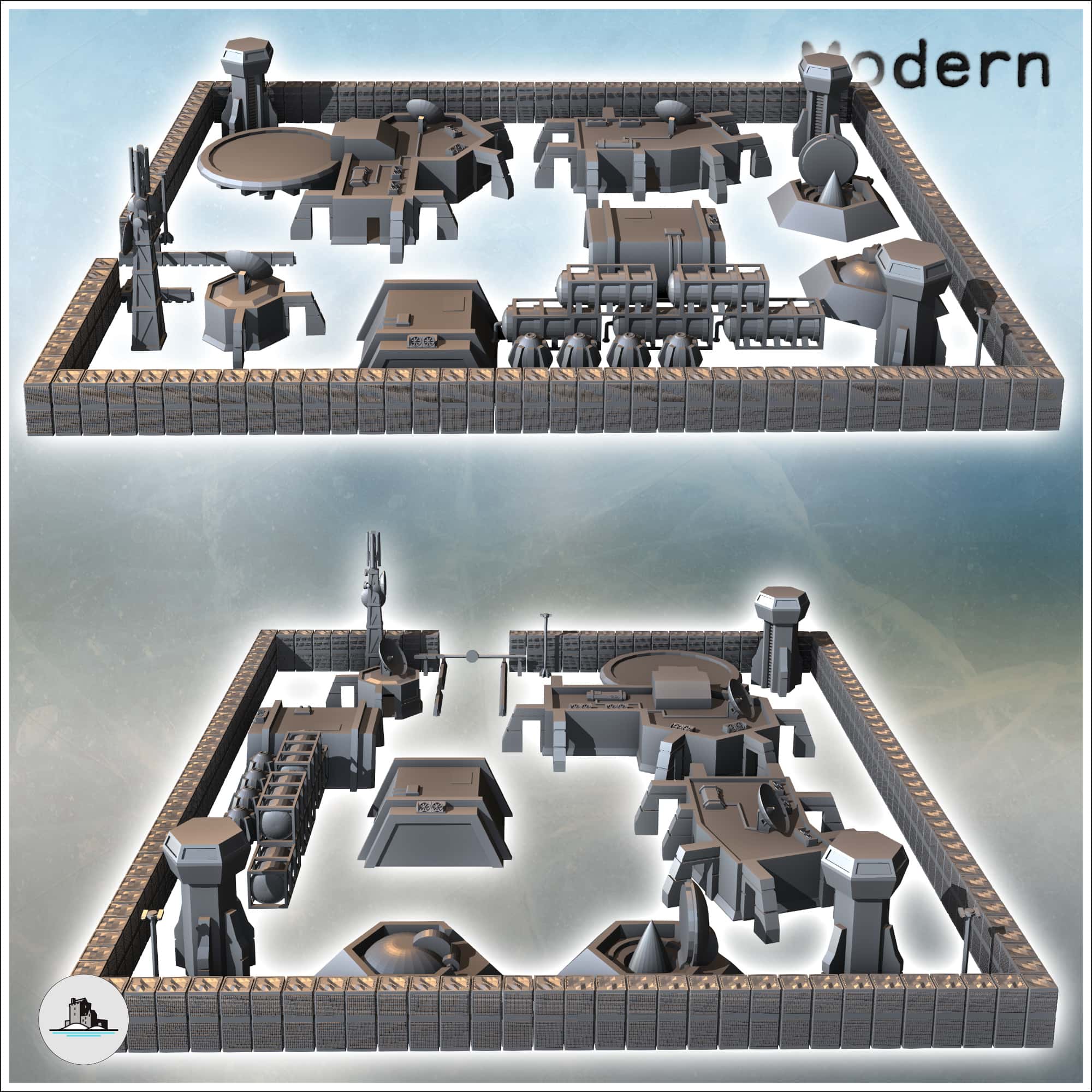 Large modern military base set with hangars tower watchtowers and ...