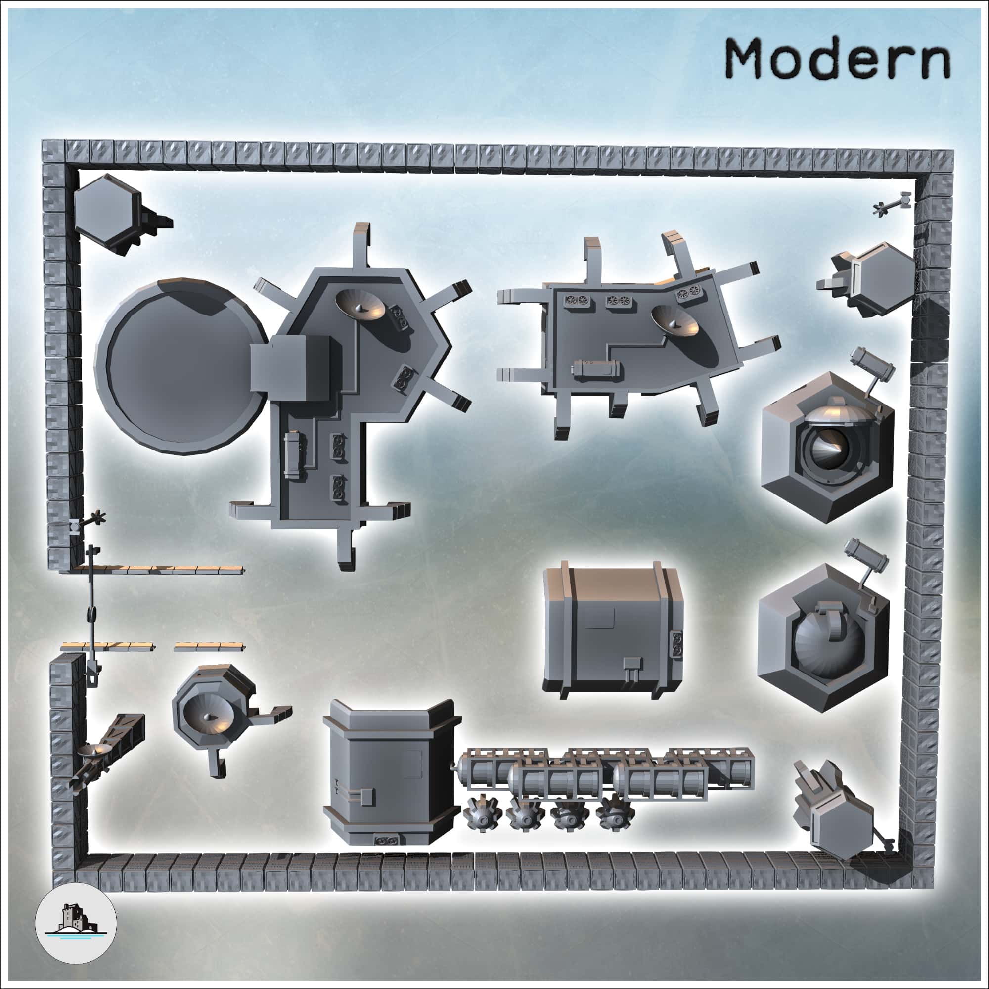 Large modern military base set with hangars tower watchtowers and ...