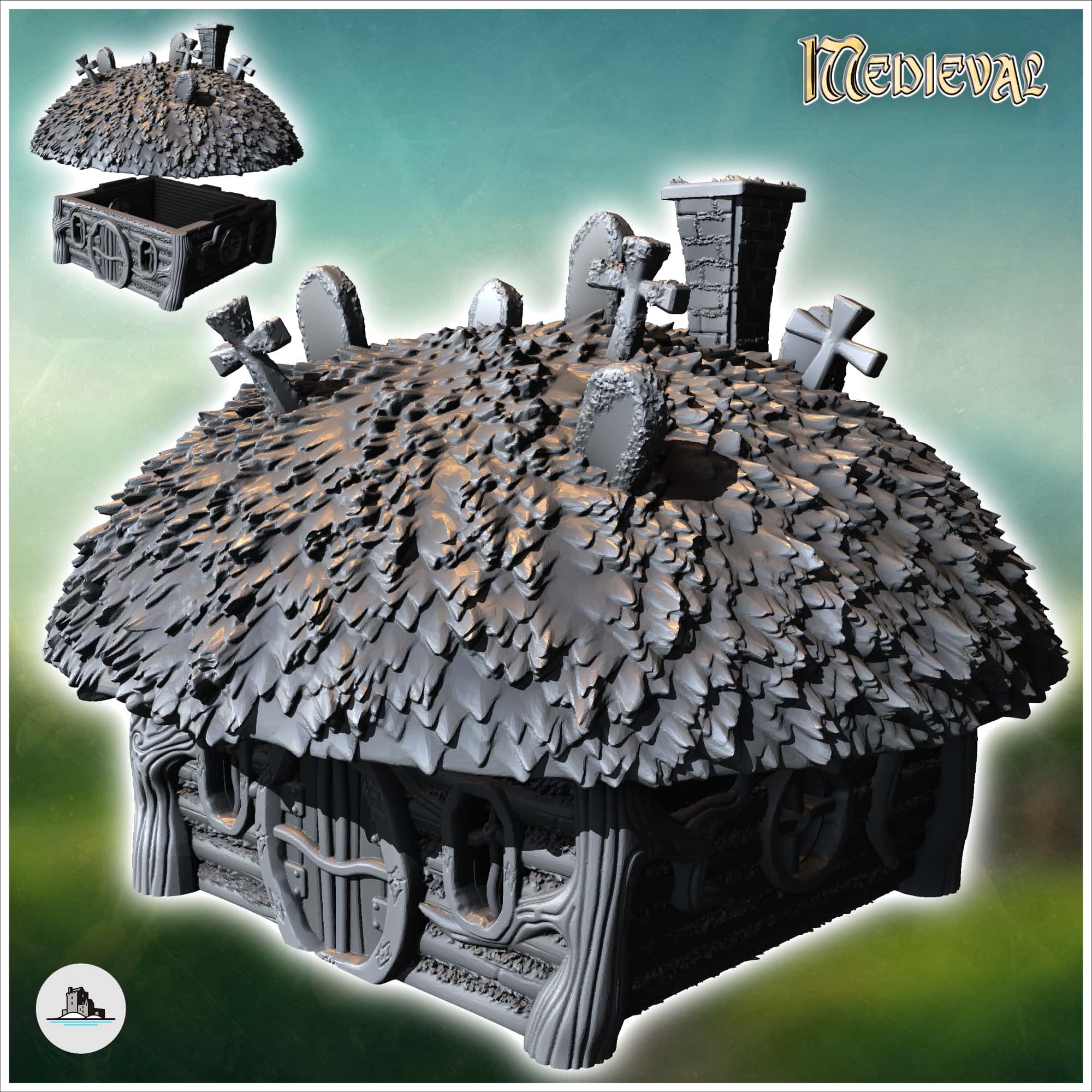 Round medieval hobbit house with cross on roof and round door (15) by ...