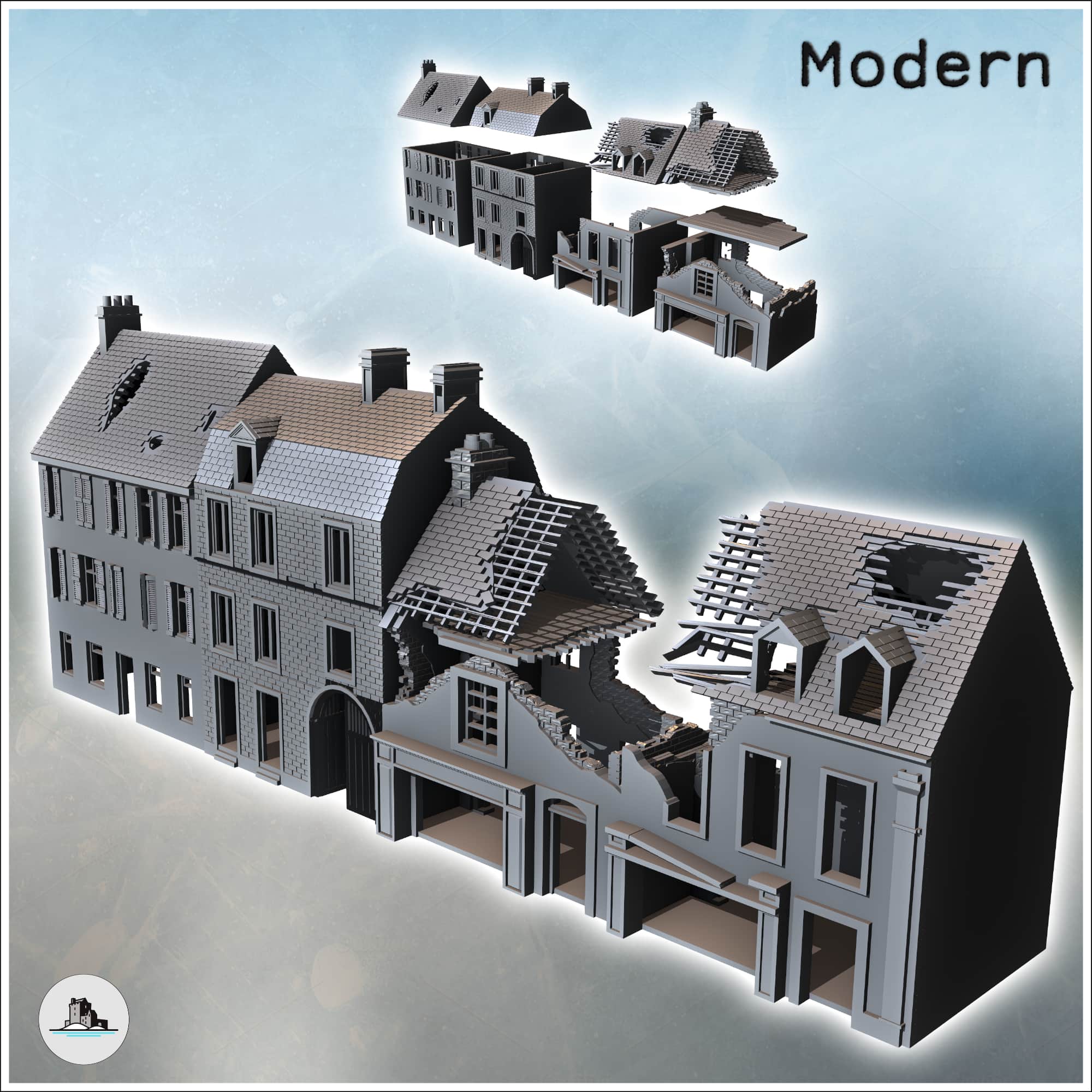 Set of four damaged modern buildings with large access door and ...
