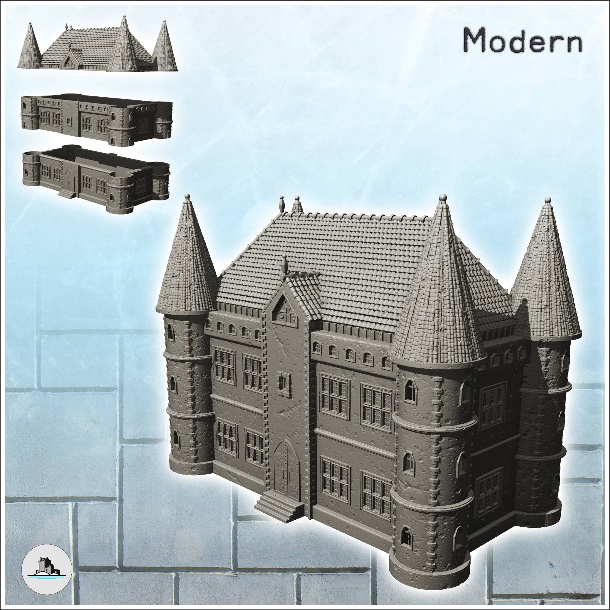 Large modern castle with quadruple corner towers and central entrance ...