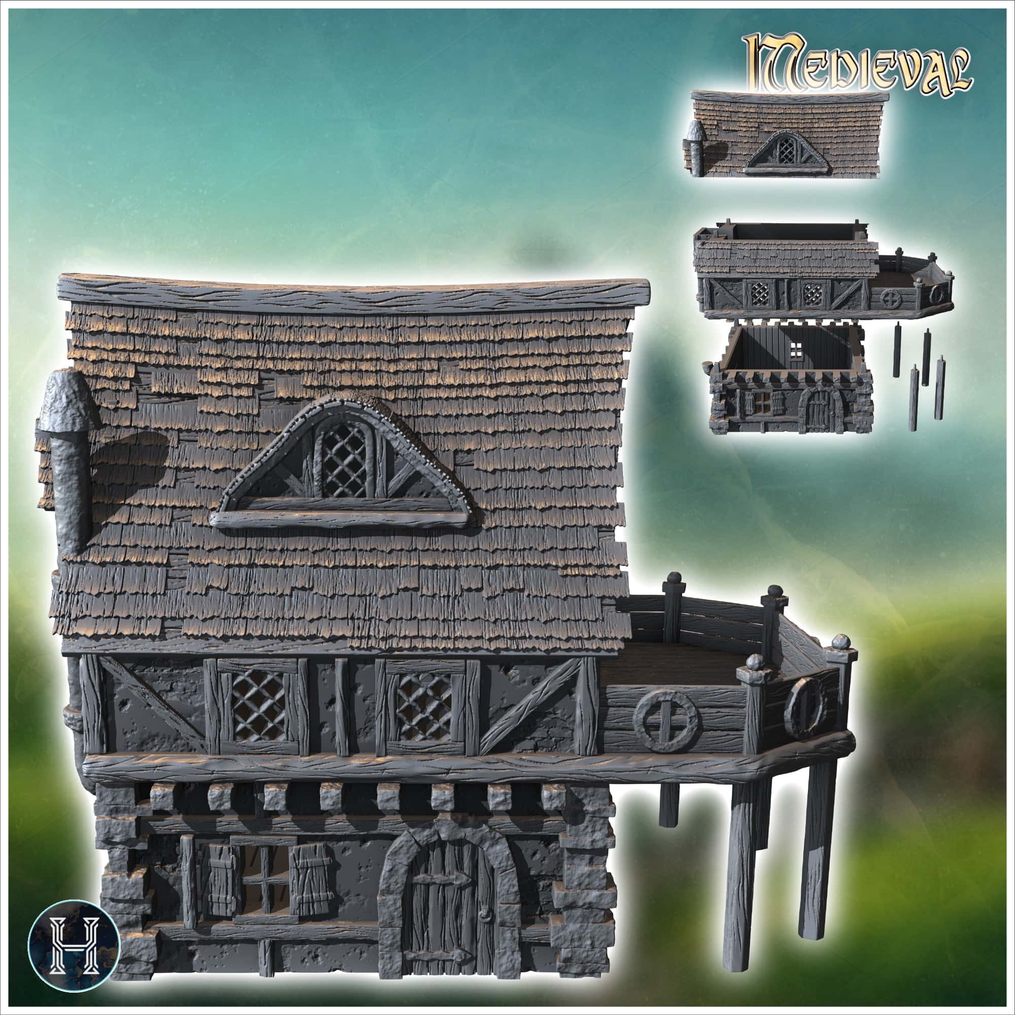 Medieval building with fireplace and large terrace on wooden platform ...