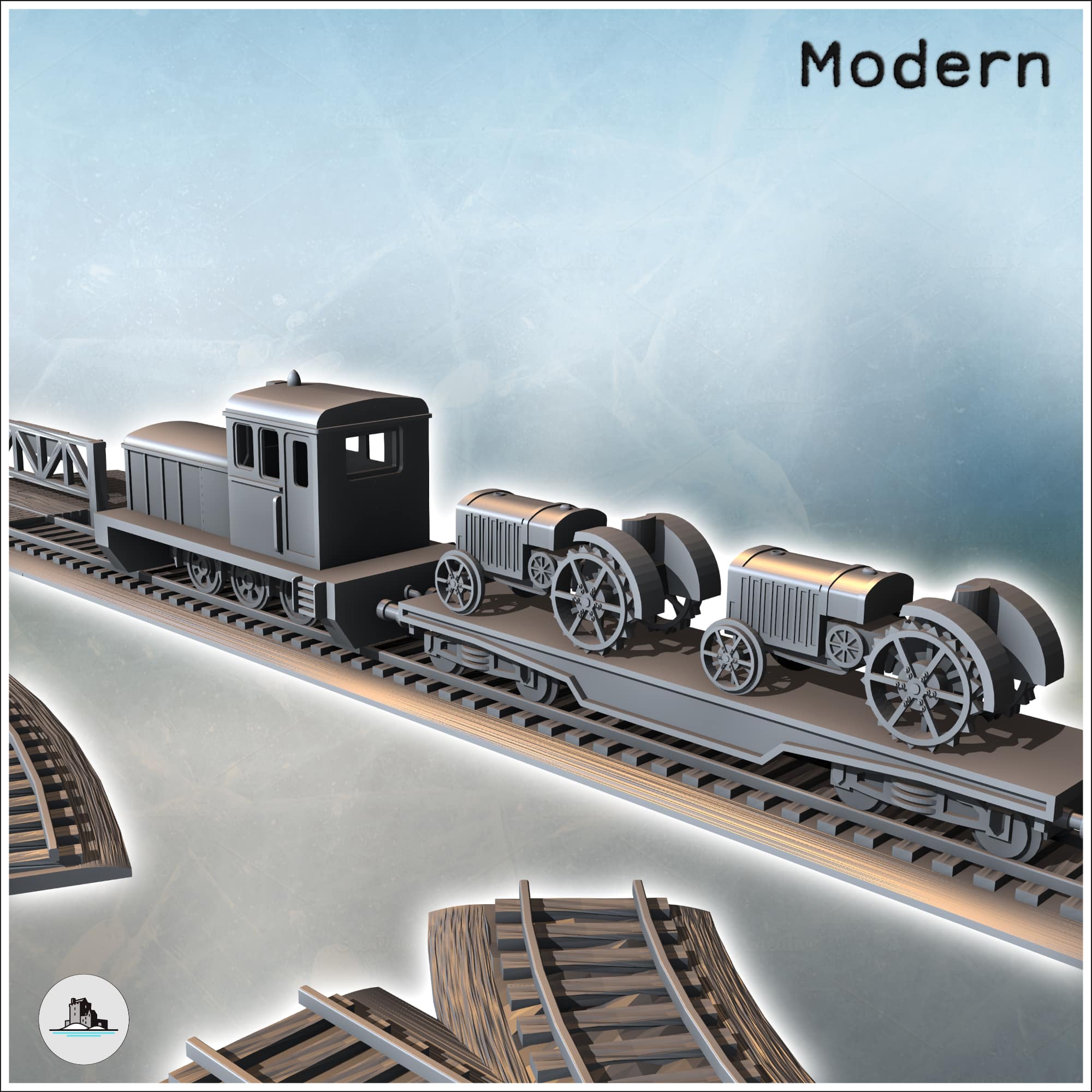 Set of modern trains with diesel locomotive platforms with tractors and ...
