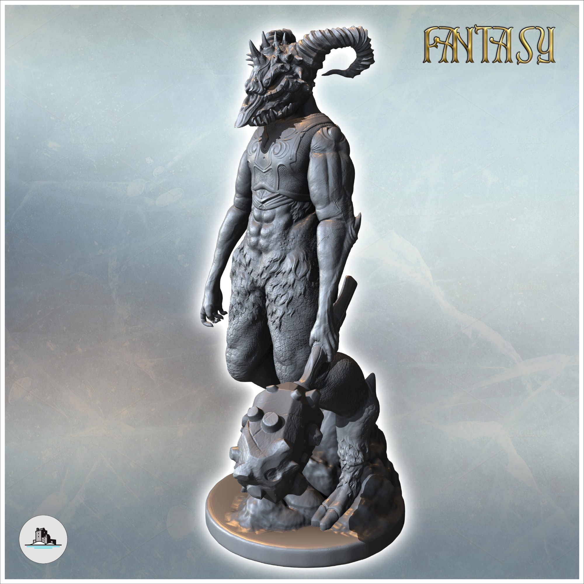 Demon with double horns standing holding a mace in hand and wearing ...