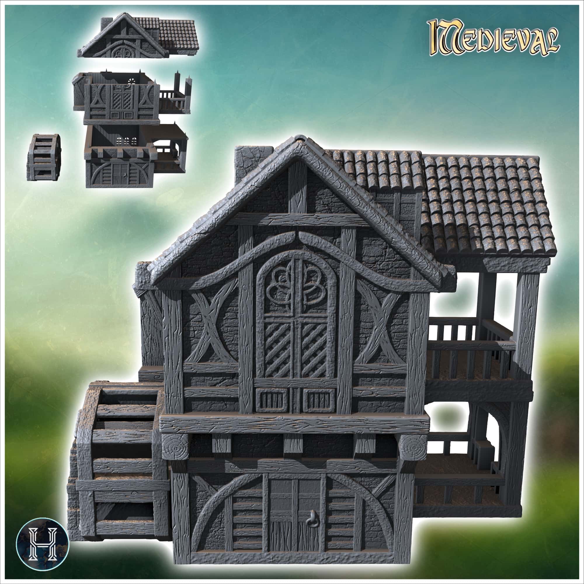 Medieval house with exposed fireplace carved wooden entrance canopy and ...