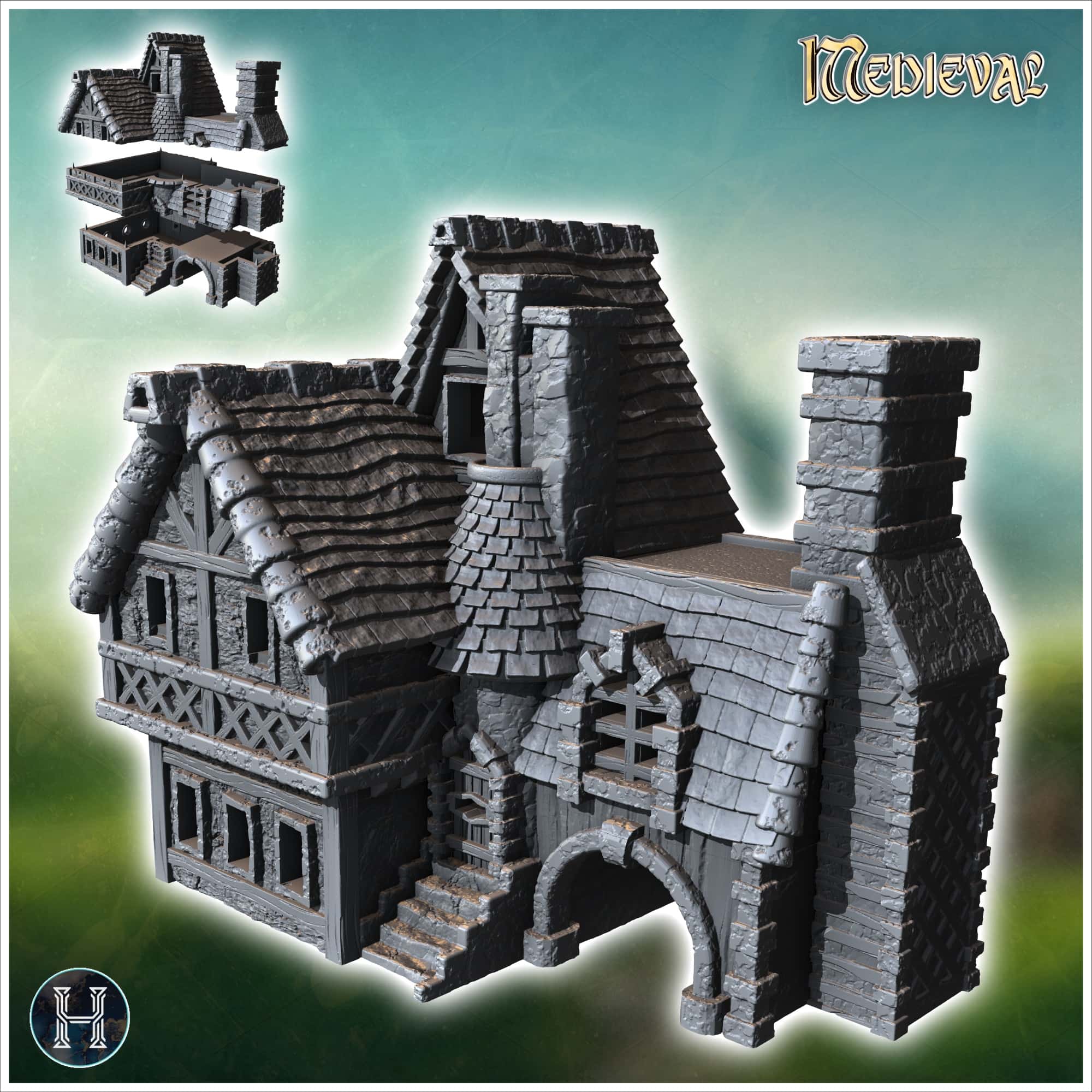 Tiled-roof medieval building with fireplace access staircase and ...