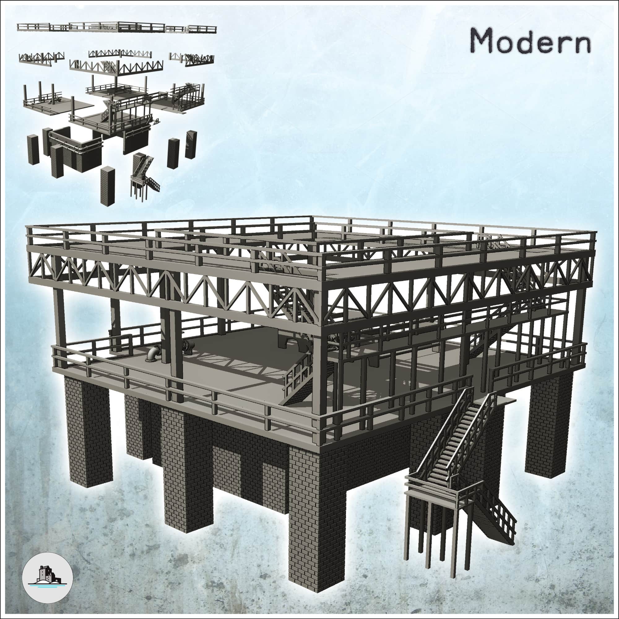 Steel-beam industrial platform on brick base with access staircase (25 ...