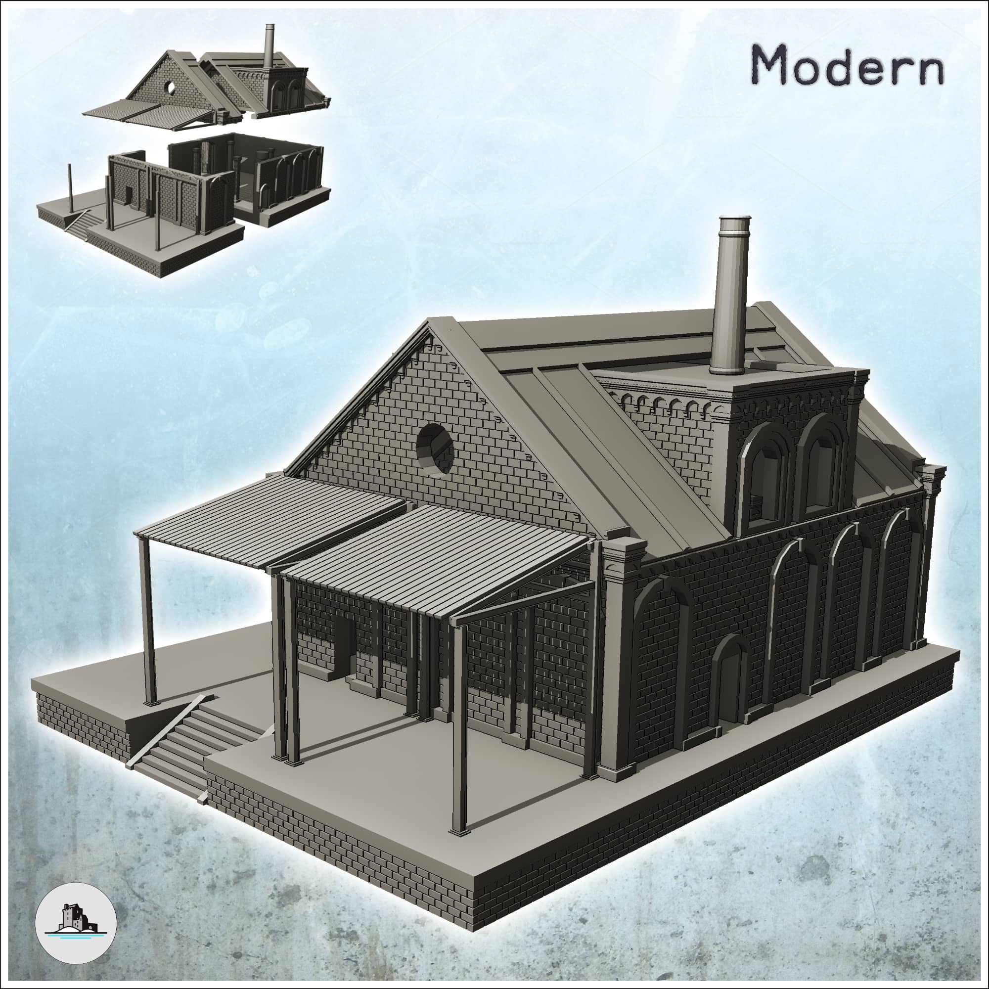 Brick industrial storage warehouse on platform with chimney and canopy ...