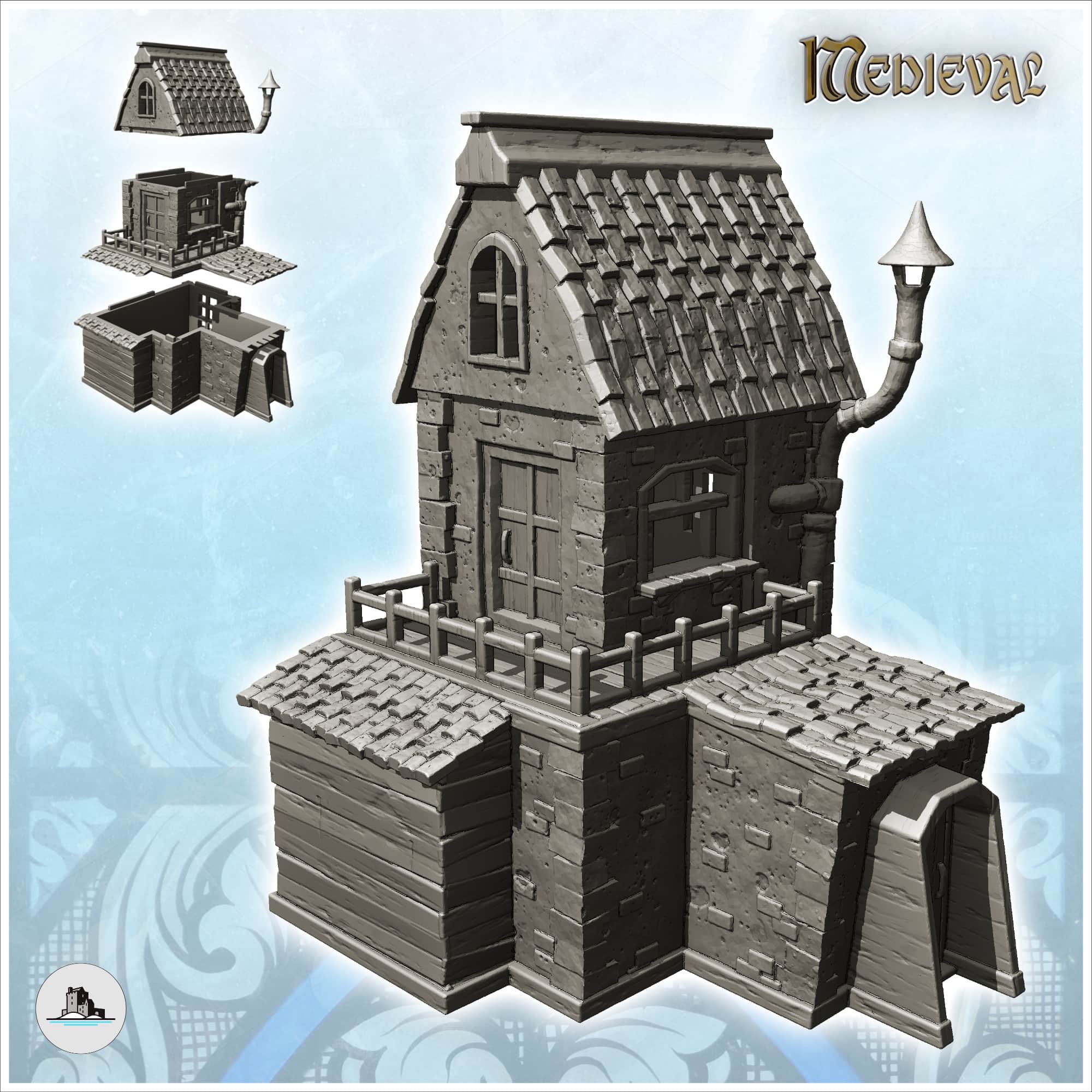 Medieval house with entrance under porch two-storey terrace and outdoor ...