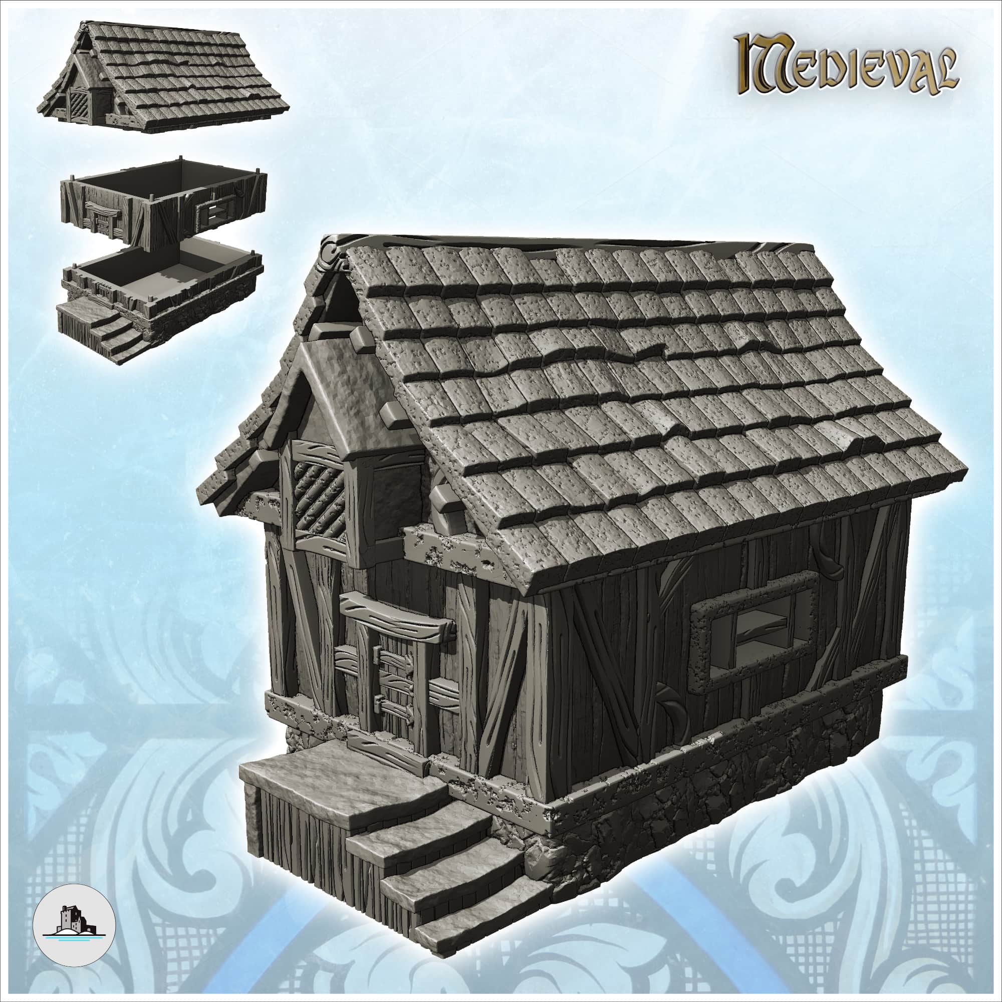 Medieval house with half-timbered walls and access stairs in stone and ...