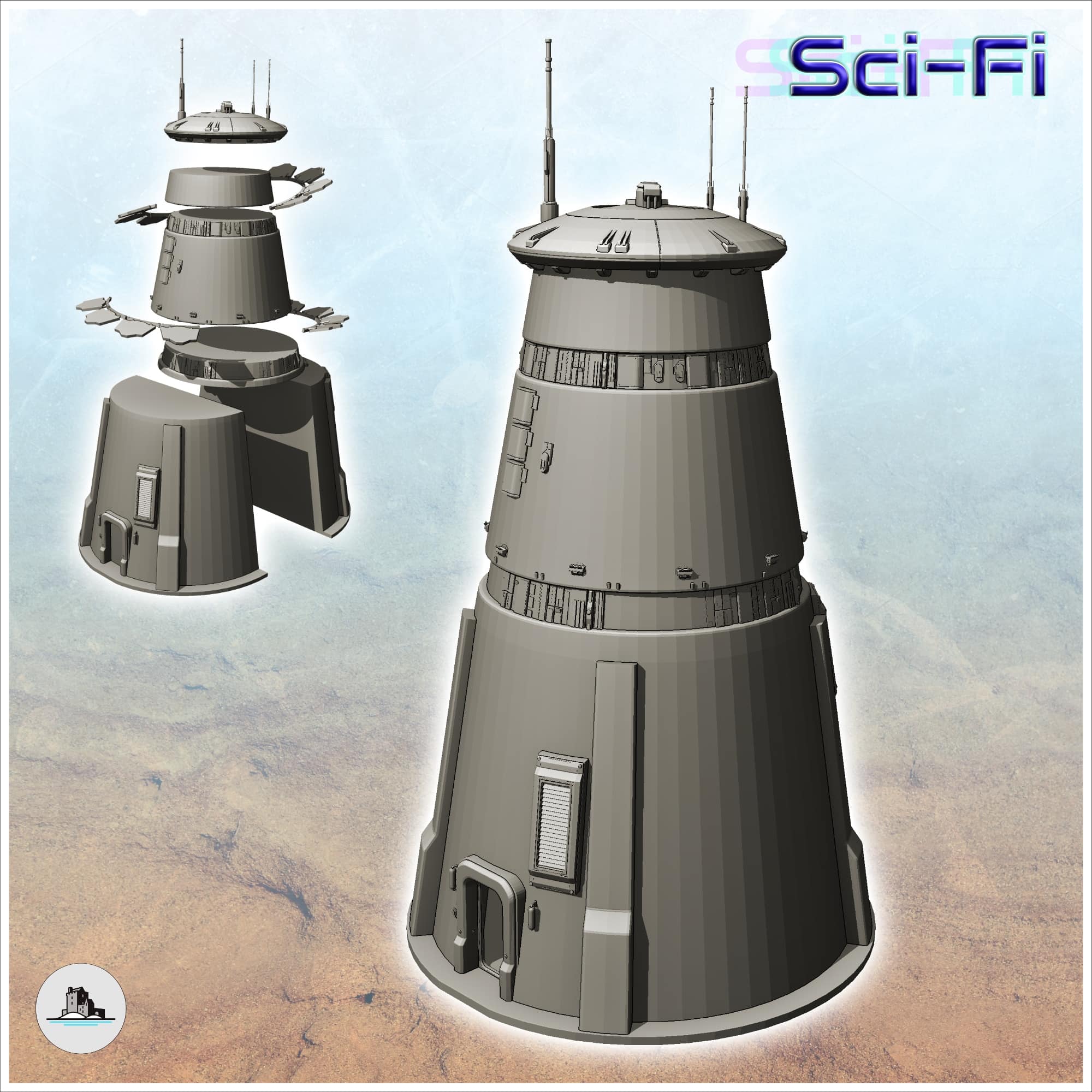 Futuristic round cone tower with roof antennas and air vents (4) by ...