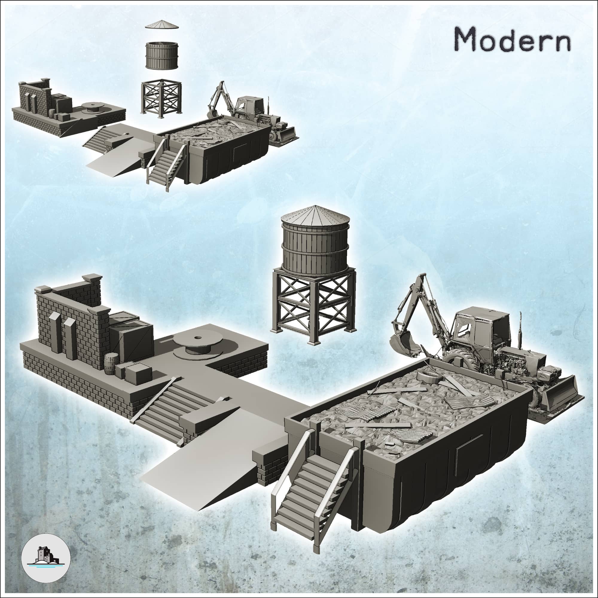 Set of industrial elements with tipper dock backhoe and water tank (8 ...