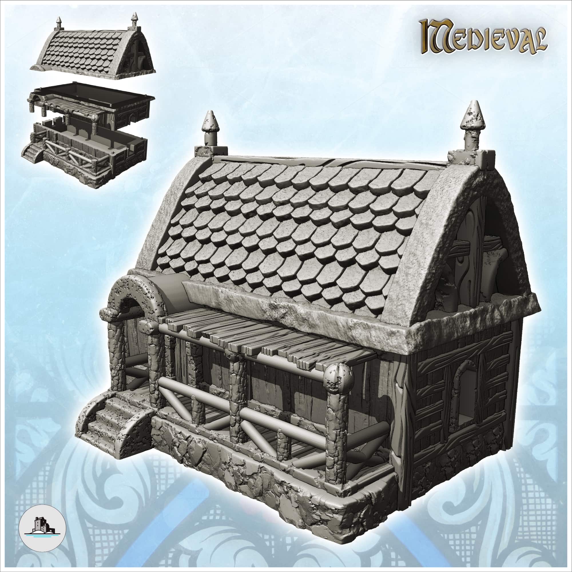 Medieval house with large awning on platform and access staircase (15 ...