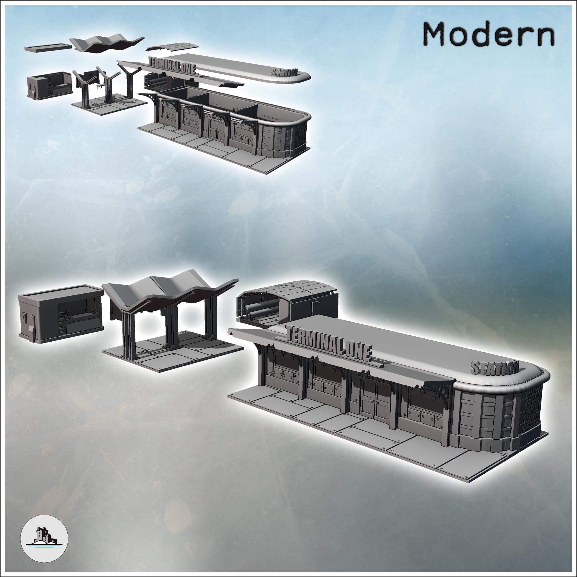 Set for modern bus station with passenger terminal bus stop awning and ...