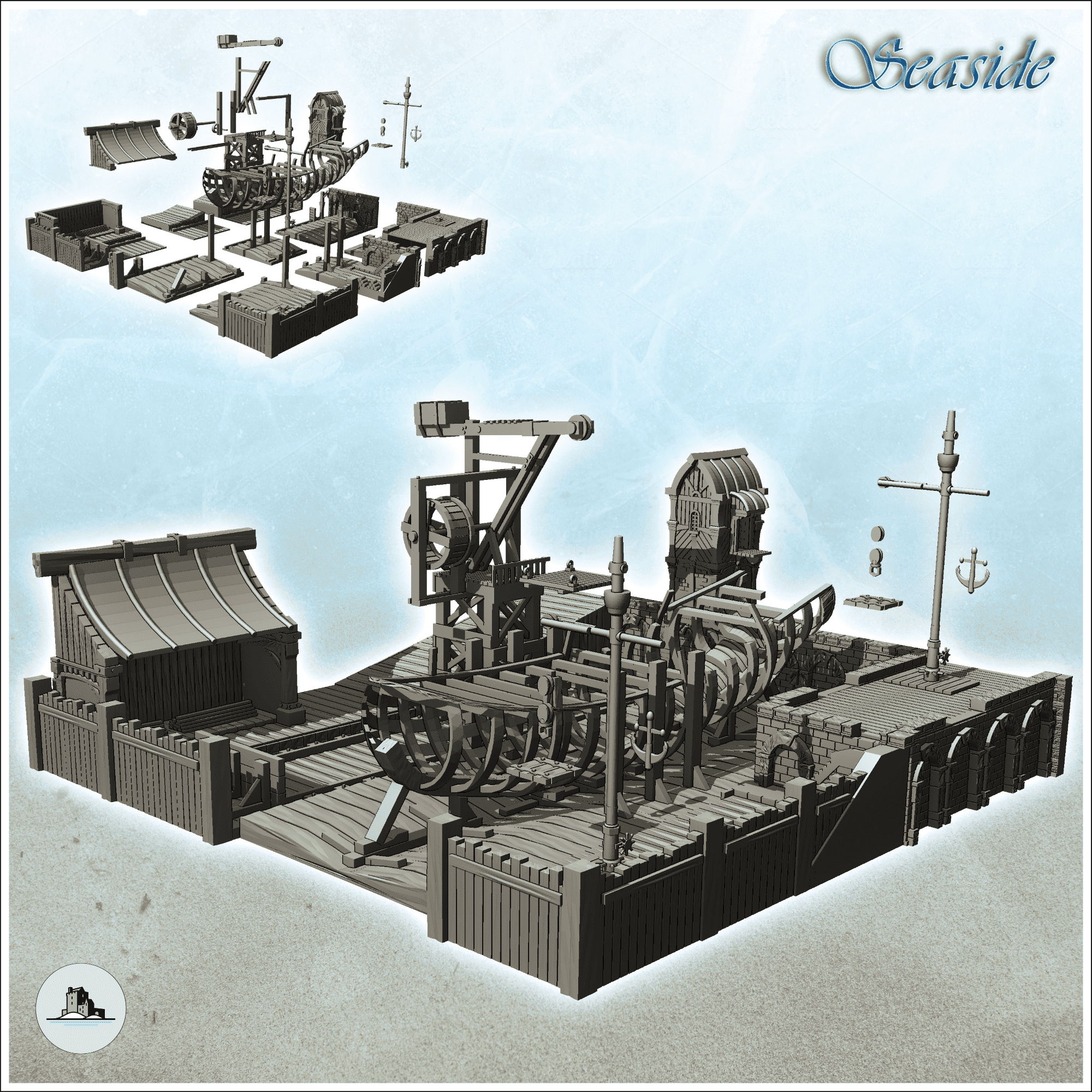 Medieval wooden shipyard with boat hull and crane (14) by Hartolia ...