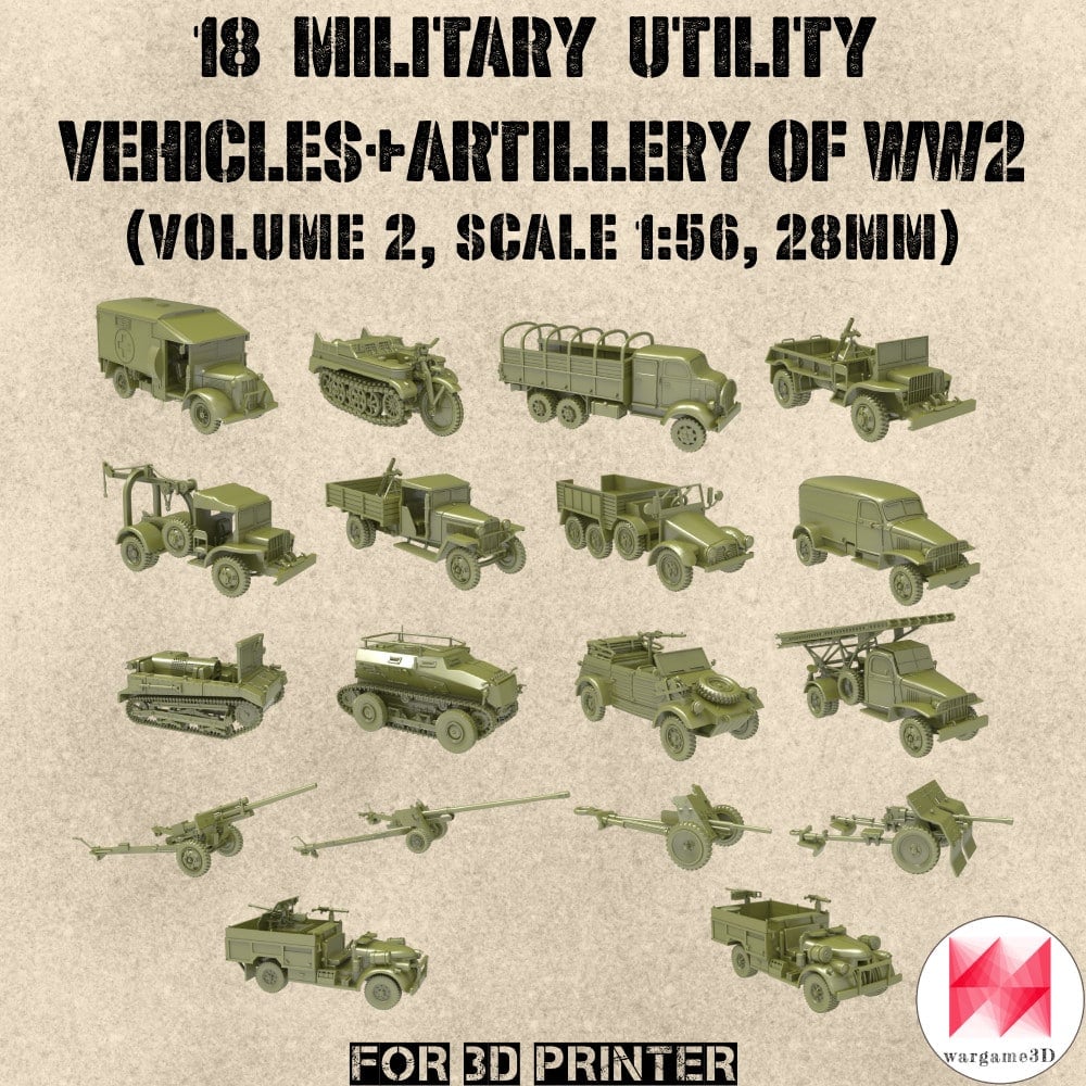 STL PACK - 18 Military Utility vehicles + ARTILLERY of WW2 (Volume 2, 1 ...